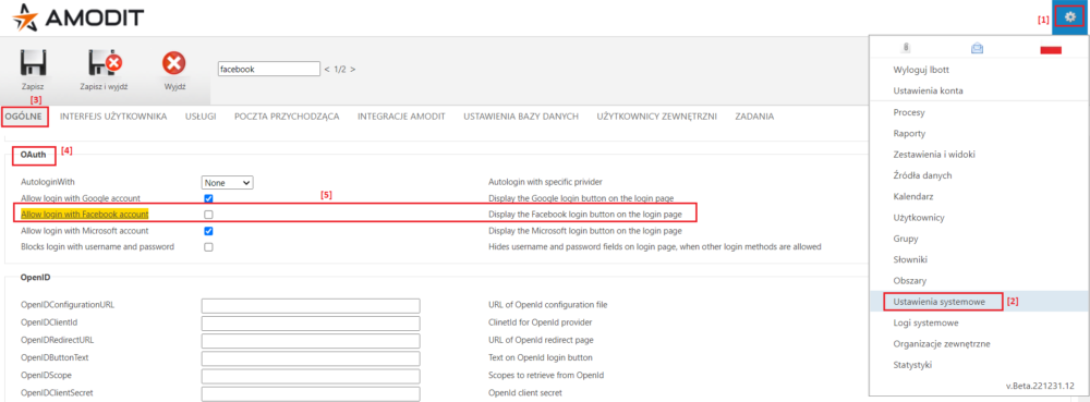 Logowanie się do systemu AMODIT kontami m.in. Microsoft, Facebook, Google (mechanizmy dodatkowe ...