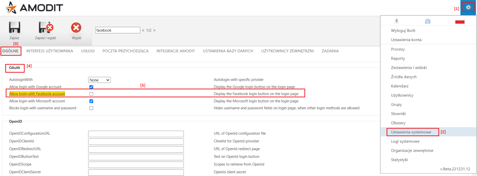 Logowanie się do systemu AMODIT kontami m.in. Microsoft, Facebook ...
