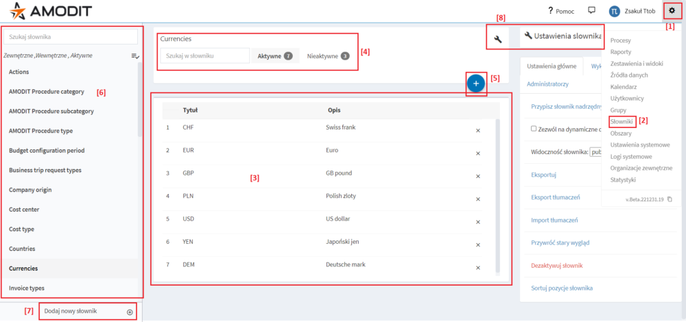 Interfejs systemu AMODIT – część 7, słowniki – Wiki Amodit
