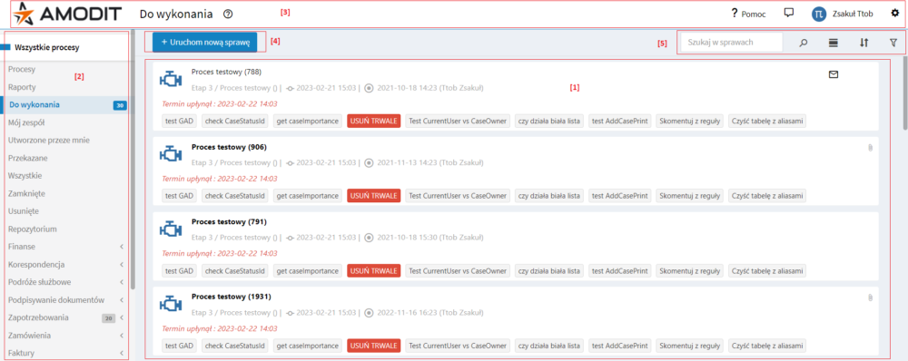 Interfejs systemu AMODIT – część 1, lista spraw, okno główne systemu ...