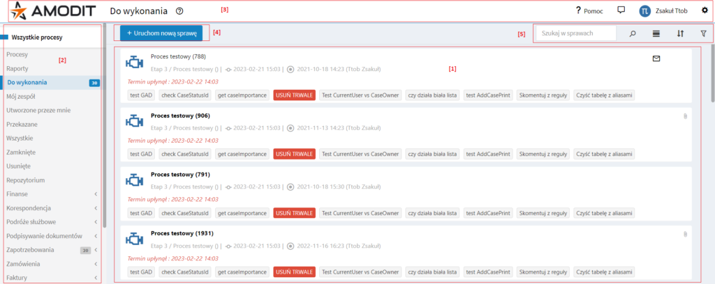 Interfejs systemu AMODIT – część 1, lista spraw, okno główne systemu ...