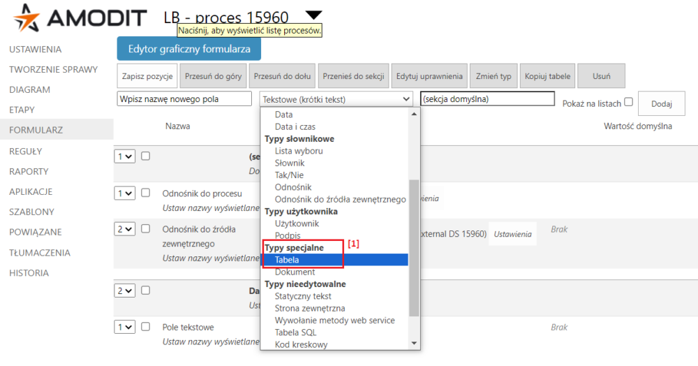 Brak możliwości zmiany typu pola na tabelaryczny – Wiki Amodit